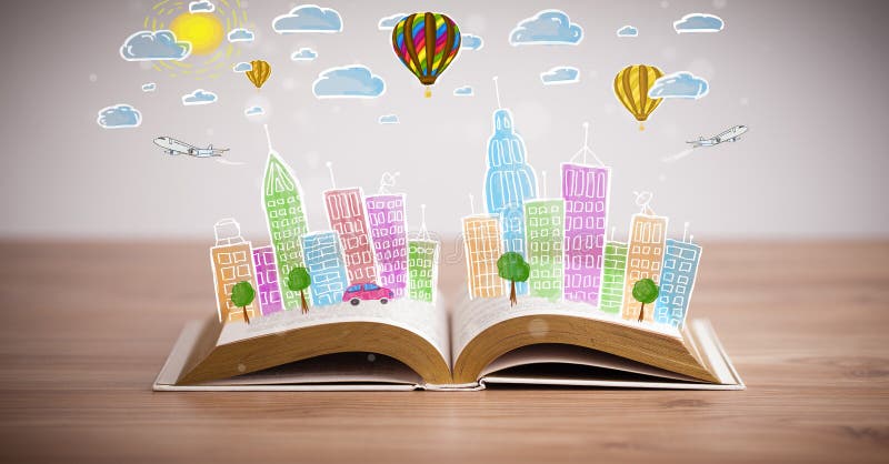 Cityscape Drawing on Open Book Stock Illustration - Illustration of ...