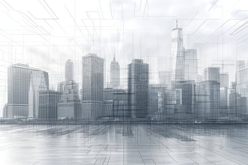 Cityscape Drawing with Skyscrapers in the Background, Digital Skyline ...