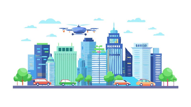 Cityscape with Drones, Modern Delivery and Surveillance, Vector Design ...