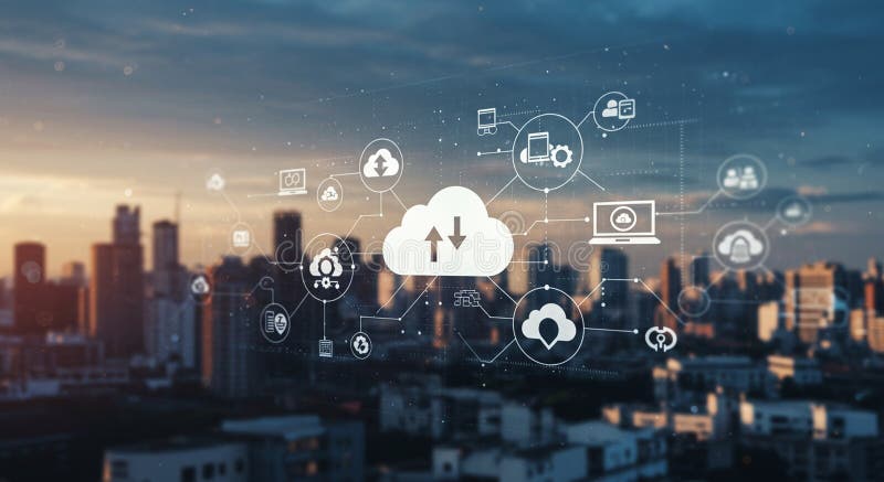 Cityscape at Dusk with Digital Cloud Computing Icons Overlayed. the Skyline Features Stock ...