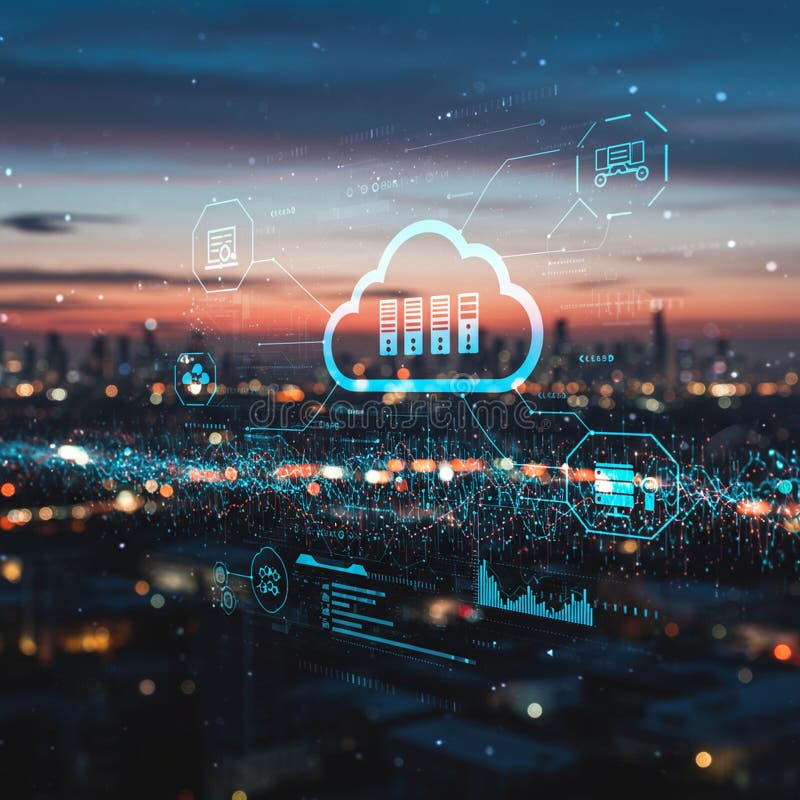 A Cityscape at Dusk Features a Digital Illustration Overlay of a Cloud Computing Stock ...