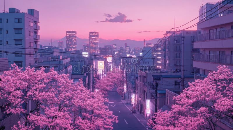 Cityscape at Dusk with Pink Sky and Clouds Stock Illustration ...