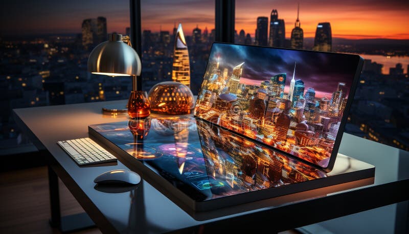 Cityscape at Dusk, Skyscrapers Illuminated, Computer Monitors Glow in ...