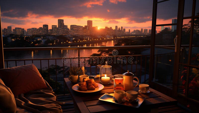 Cityscape at Dusk, Skyscrapers Illuminated, Outdoor Table Relaxation ...