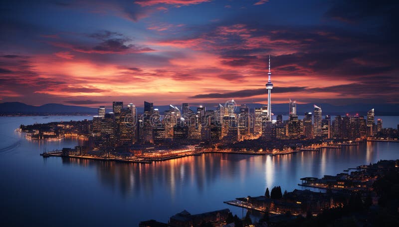 Cityscape at Dusk, Urban Skyline Reflects in Water Generated by AI ...