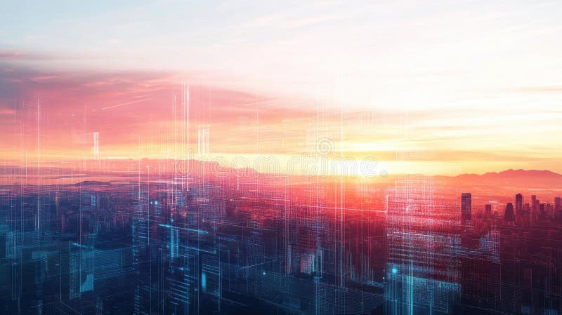 Cityscape Embraces Digital Sunset with Futuristic Network and Data ...