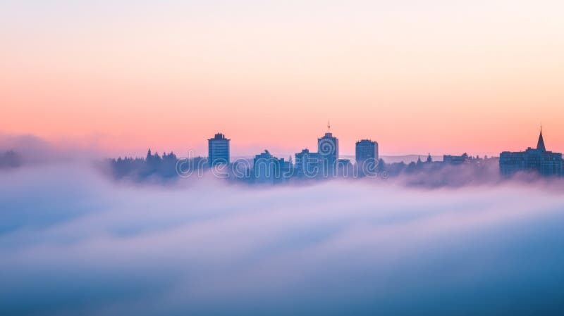 Cityscape Emerging from Fog at Sunrise Stock Illustration ...