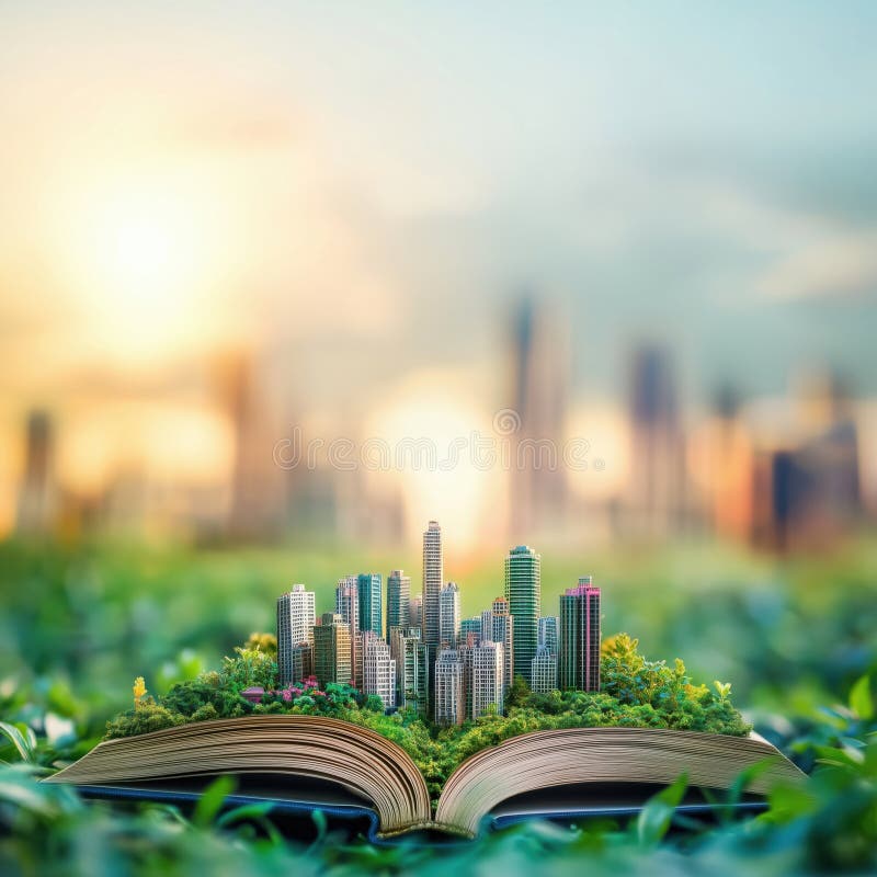 Cityscape Emerging from Open Book Surrounded by Lush Greenery and Soft ...