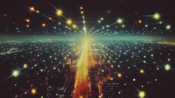 Cityscape with Exploding Light and Network Matrix Stock Illustration ...