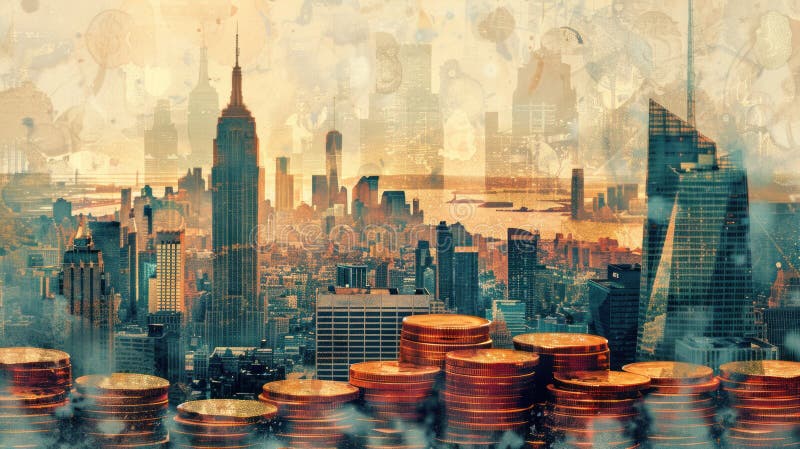 Cityscape, Financial Graph, Rows of Coins, and Empty Space Combined in ...