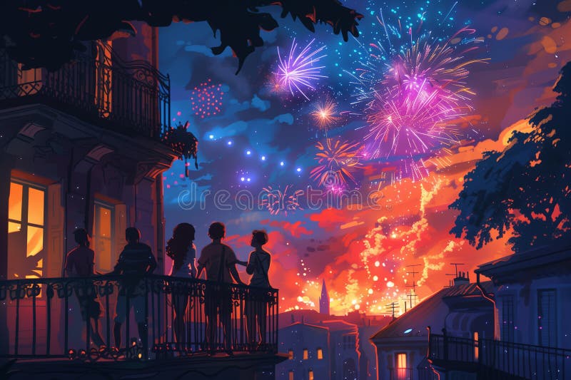 Cityscape with Fireworks Display during Twilight Stock Photo - Image of ...