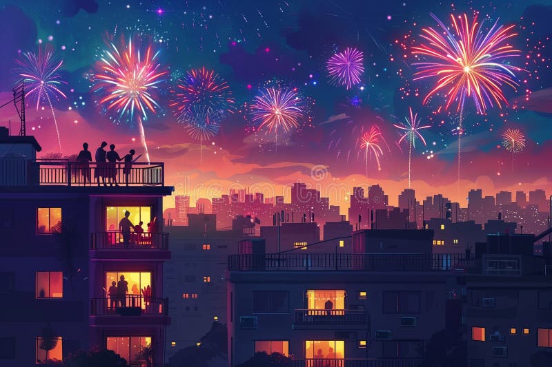 Cityscape with Fireworks Display during Twilight Stock Photo - Image of ...