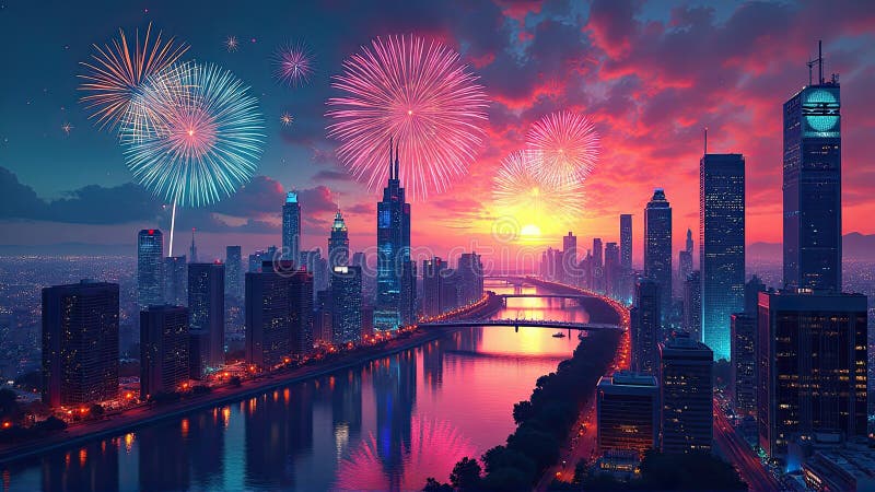 Cityscape with Fireworks and Sunset Stock Illustration - Illustration ...