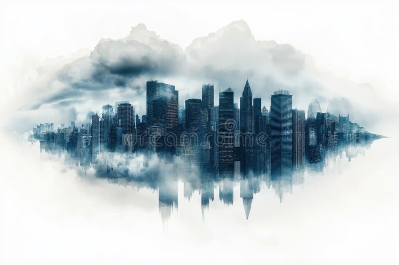 Cityscape Floating in the Clouds with Reflection Stock Photo - Image of ...