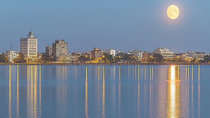 Cityscape, Full Moon, Lake Reflection, Twilight, Coastal Stock Photo ...