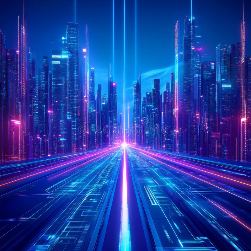 The Cityscape of the Future is Depicted at Nighttime, Illuminated by ...