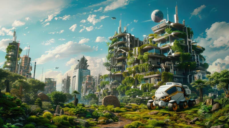 Cityscape of the Future with Eco-friendly Tech, Vertical Gardens, and ...