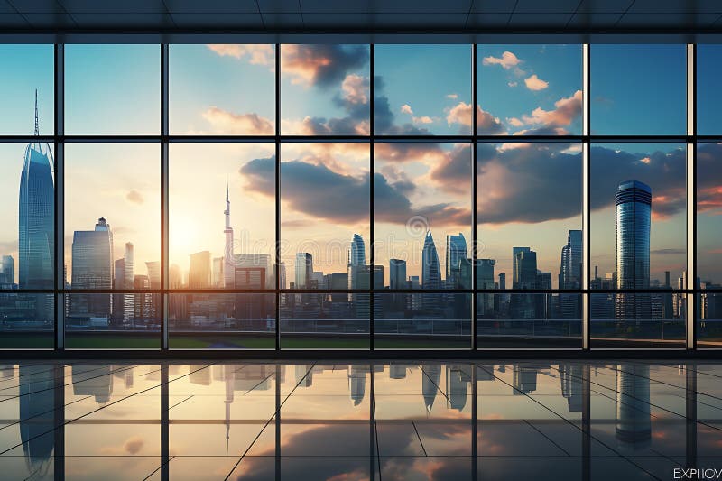 Cityscape through Glass Wall. 3D Rendering Stock Illustration ...