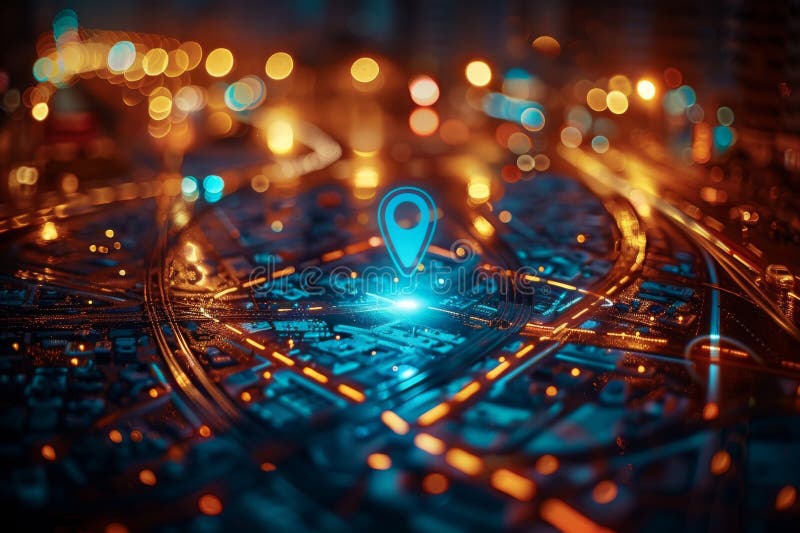 A Cityscape with a Glowing Blue Dot that is a GPS Location Marker Stock ...