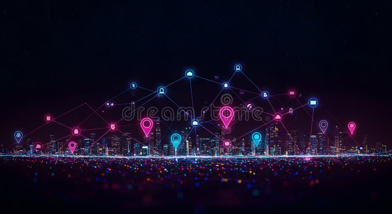 Cityscape with Glowing Network of Location Markers and Communication ...
