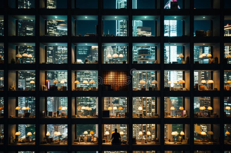 Cityscape with Glowing Windows Creating Starry Sky Pattern in the Dark ...