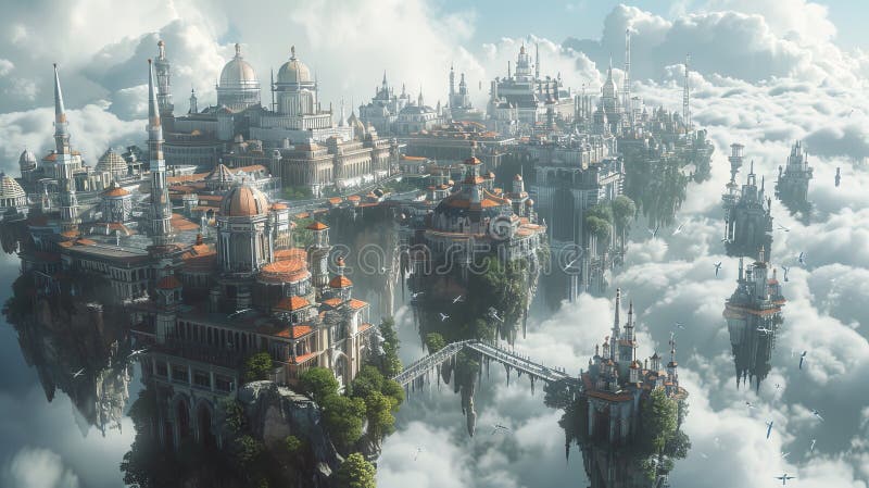 Cityscape with Gravity-defying Structures and Floating Islands Stock ...