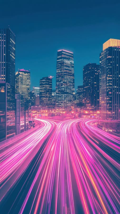 Cityscape Highway Night Light Trails Stock Photo - Image of skyscrapers ...
