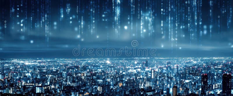 The Cityscape Illuminated by a Futuristic Digital Overlay of Binary ...