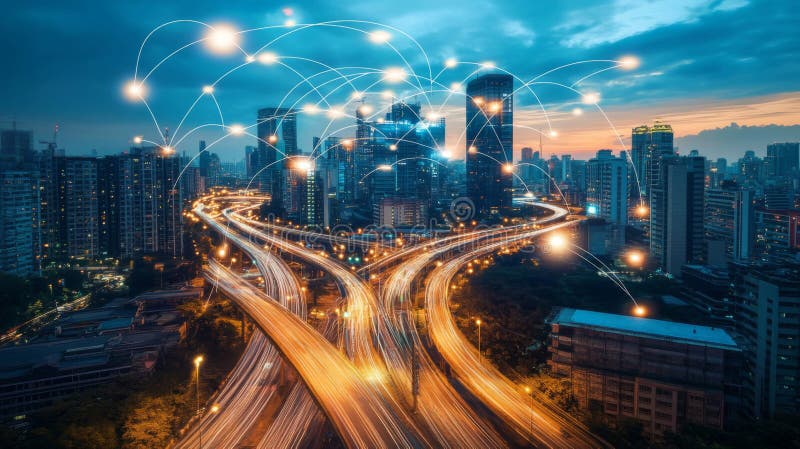 Cityscape with Illuminated Highway Intersections and Digital Network ...