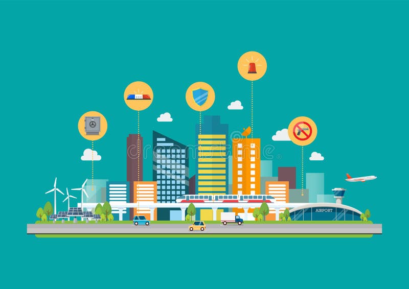 Cityscape with Infrastructure Transportation and Security Icons Stock ...