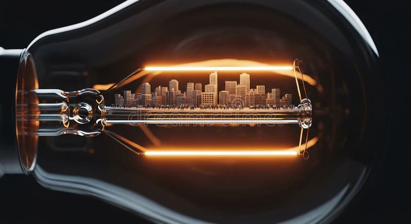 Cityscape Inside Horizontal Light Bulb Illuminated from within Stock ...