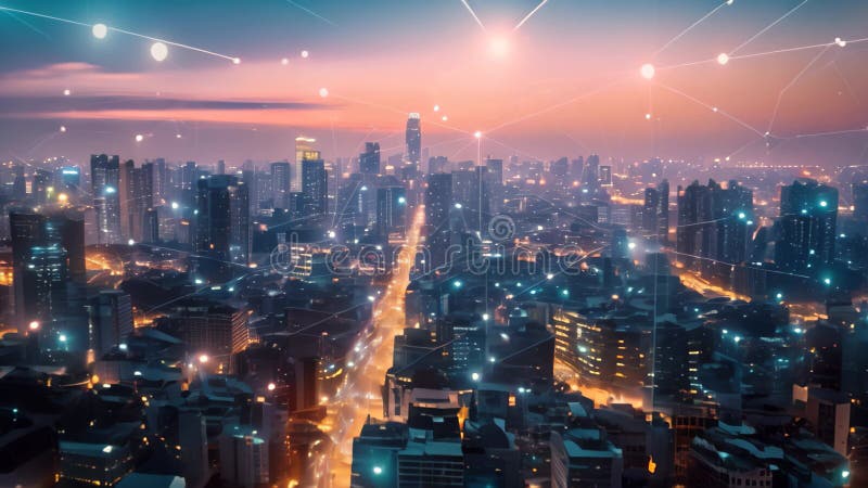 A Cityscape with Interconnected Lines and Dots, Panorama of a Smart ...