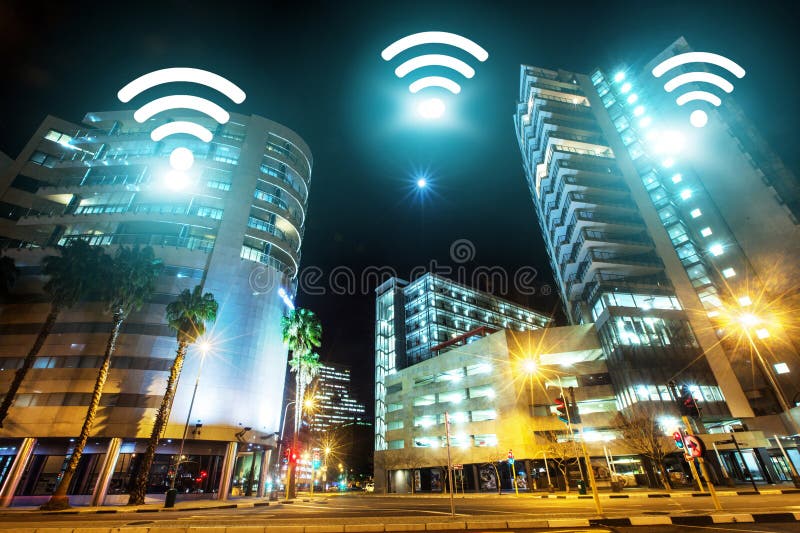 Cityscape, Internet and Night, Wireless Connectivity with Building ...