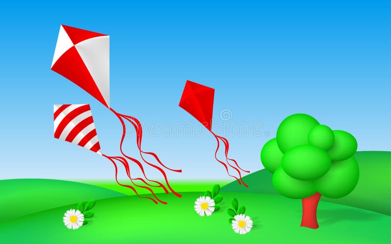 Cartoon Summer Landscape with Flying Kite Stock Vector - Illustration ...
