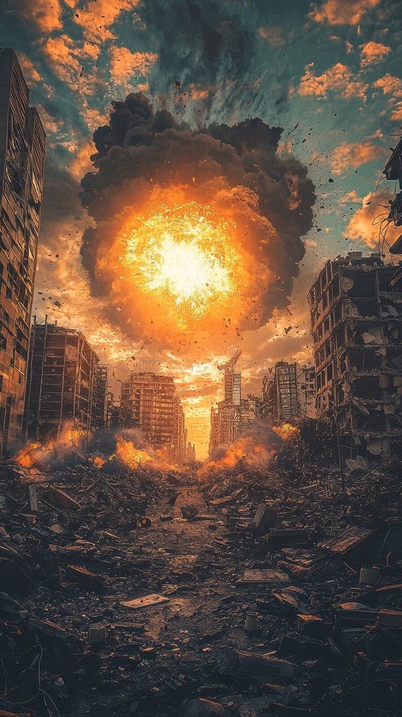 Cityscape with Large Explosion Causing Destruction and Chaos in Urban ...