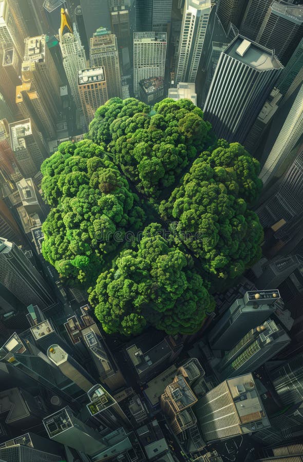 A Cityscape with a Large Tree in the Middle. the Tree is Surrounded by ...