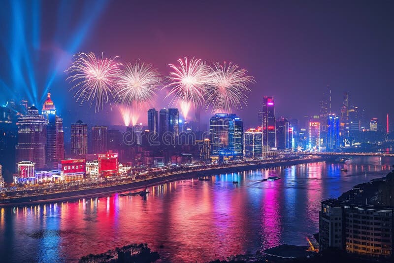 Cityscape with Light Show and Firework Celebration. Firework Show ...