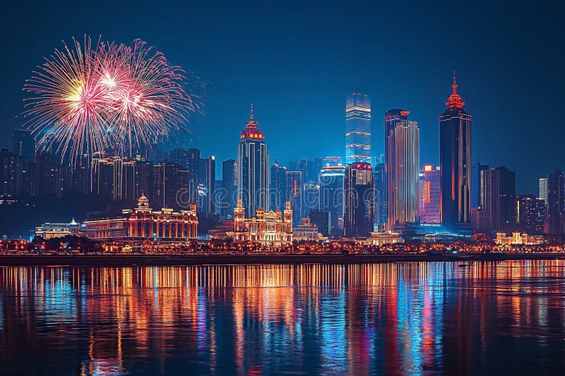 Cityscape with Light Show and Firework Celebration. Firework Show ...