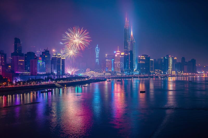 Cityscape with Light Show and Firework Celebration. Firework Show ...