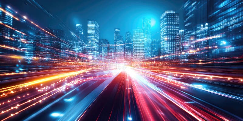 Cityscape with Light Trails and Futuristic Glow Stock Illustration ...