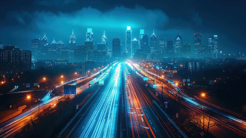 Cityscape with Light Trails at Night Stock Illustration - Illustration ...