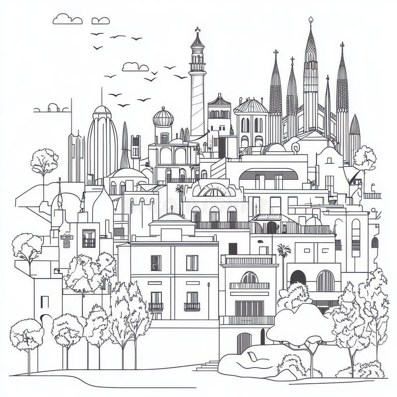 Cityscape Line Art Drawing Architecture Buildings Trees Birds Clouds ...