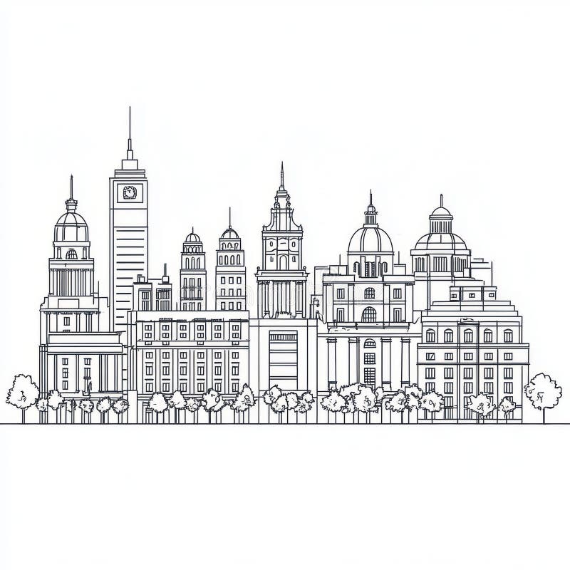 Cityscape Line Art Drawing Buildings Skyline Trees Stock Illustration ...