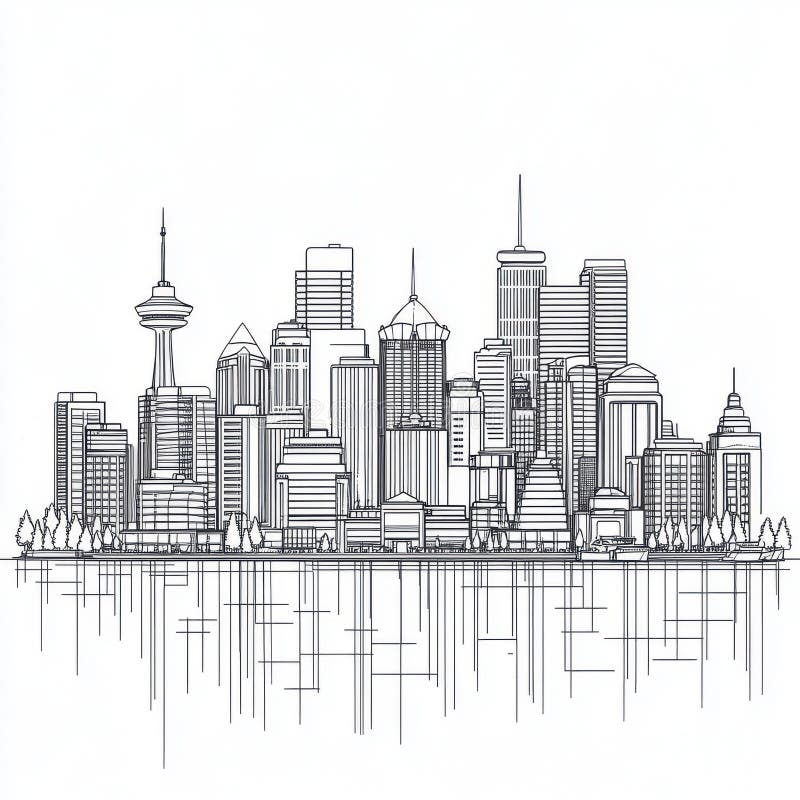 Cityscape Line Art Drawing Skyscrapers Tower Trees Reflection Stock ...