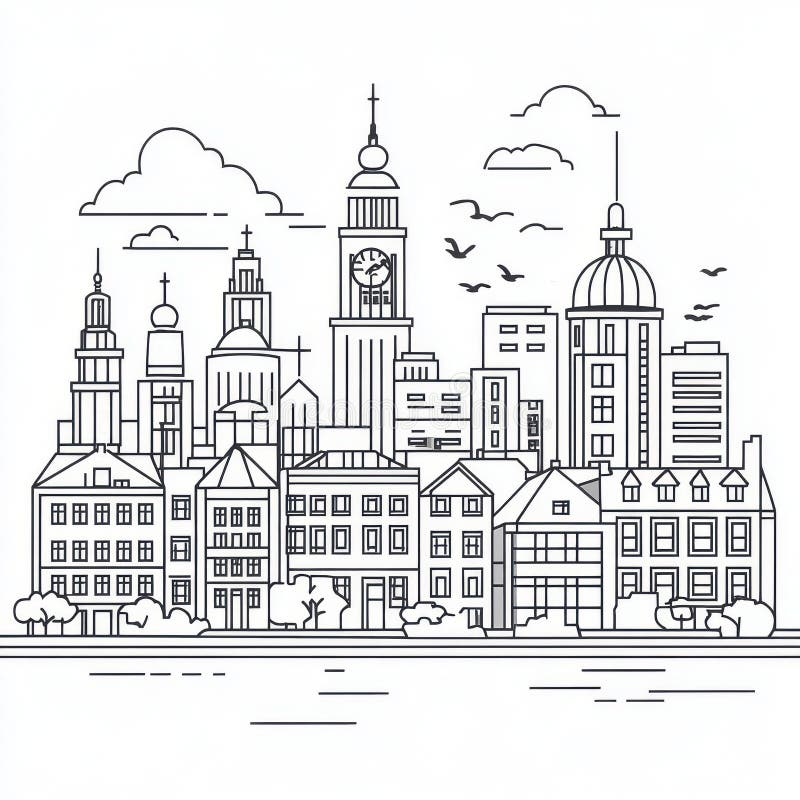 Cityscape Line Art Skyline Architecture Buildings Clock Tower Stock ...