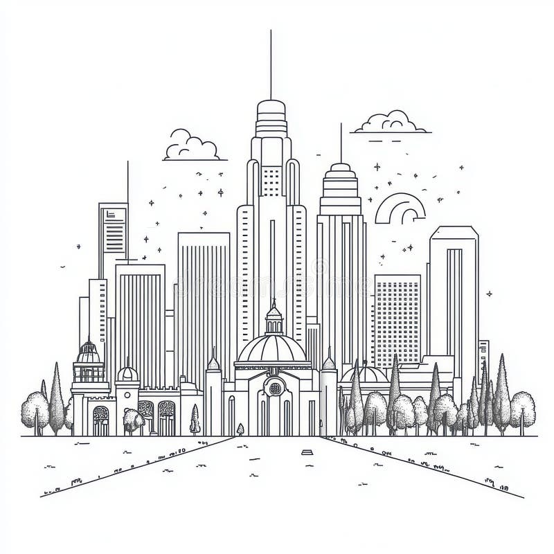 Cityscape Line Art Skyline Buildings Trees Stock Illustration ...