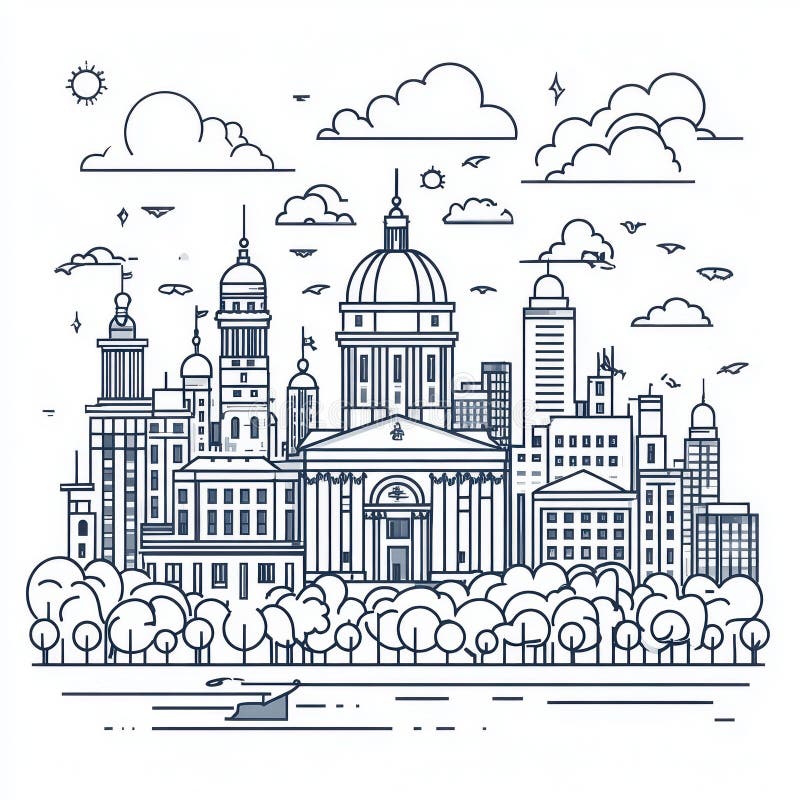 Cityscape Line Art Skyline Buildings Trees Sun Clouds Stock ...