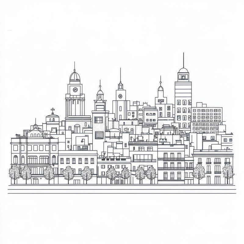 Cityscape Line Drawing Black and White Architecture Buildings Skyline ...