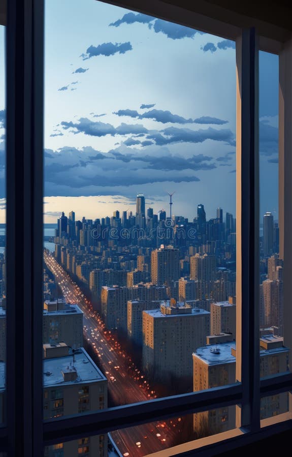 Cityscape with Lit Streets at Dusk Seen through Window, Created Using ...