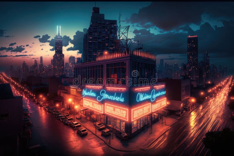 Cityscape with Lit Streets and Neon on Building, Created Using ...